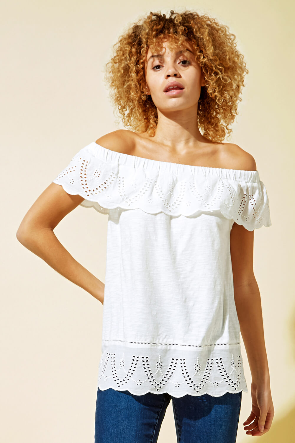 Broderie Detail Bardot Top in Ivory - Roman Originals UK