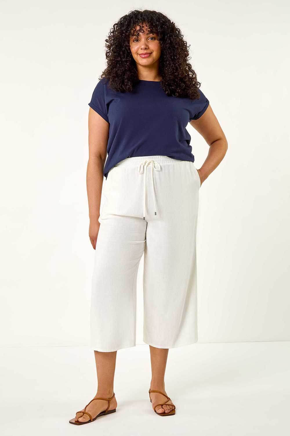 White Curve Linen Mix Cropped Trousers | Roman UK