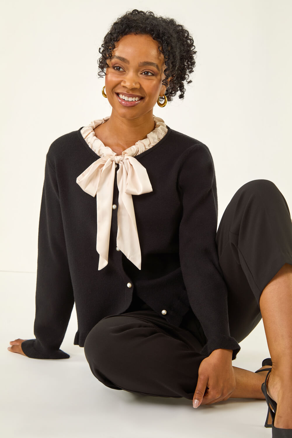Black Petite Tie Neck Frill Hem Cardigan | Roman UK