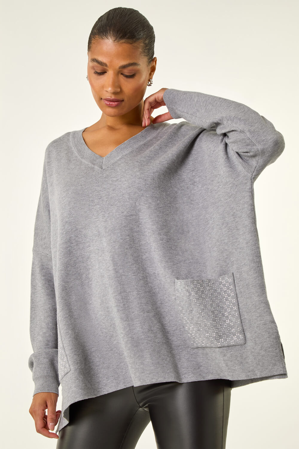 Grey Hotfix Pocket Knit Jumper | Roman UK