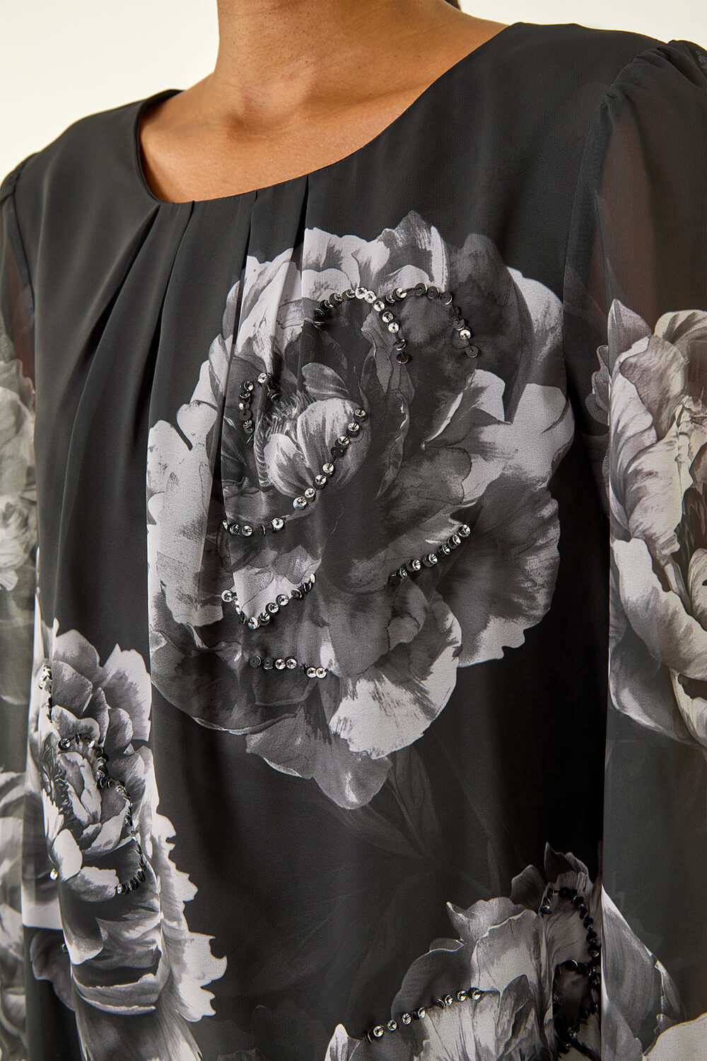 Grey Floral Print Sequin Top | Roman UK
