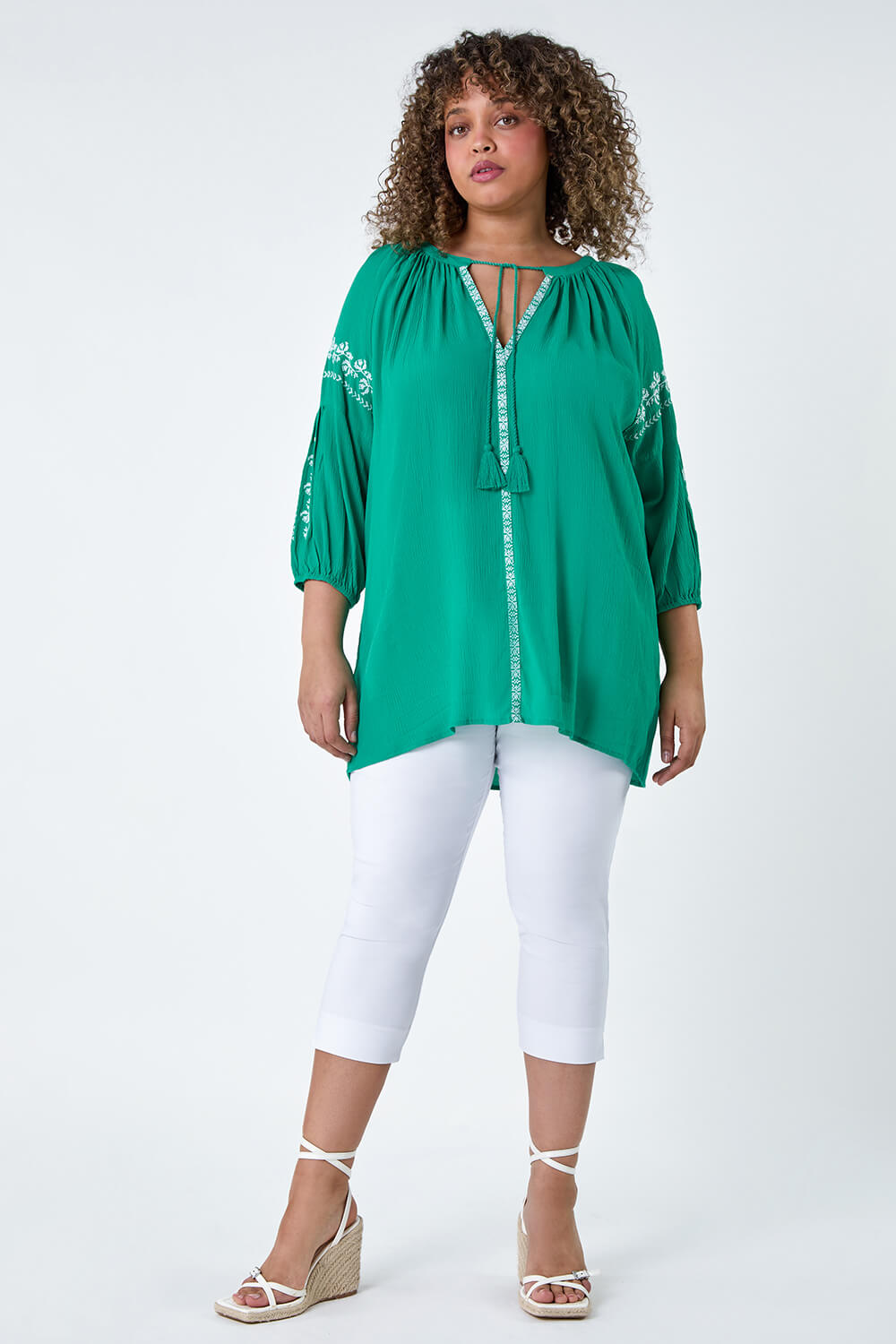 Turquoise Curve Tie Neck Embroidered Smock Top | Roman UK