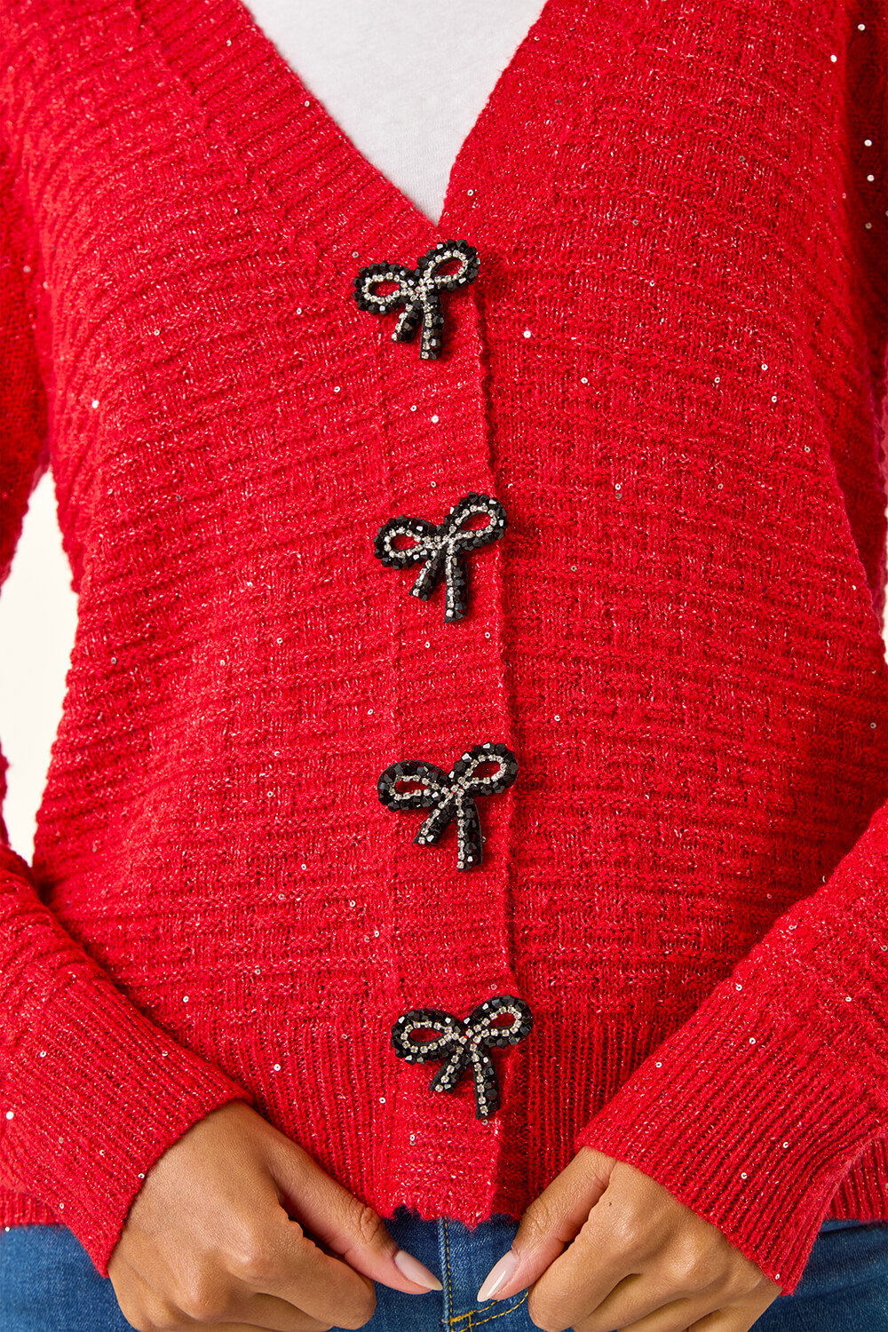 Red Bow Embellished Sequin Knit Cardigan | Roman UK