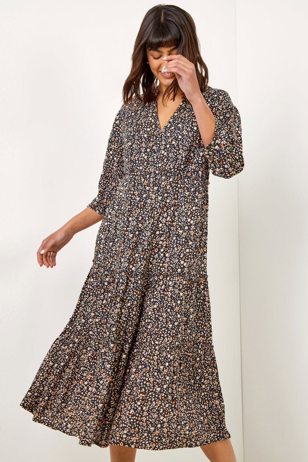 Ditsy Floral Tiered Midi Dress in Black - Roman Originals UK