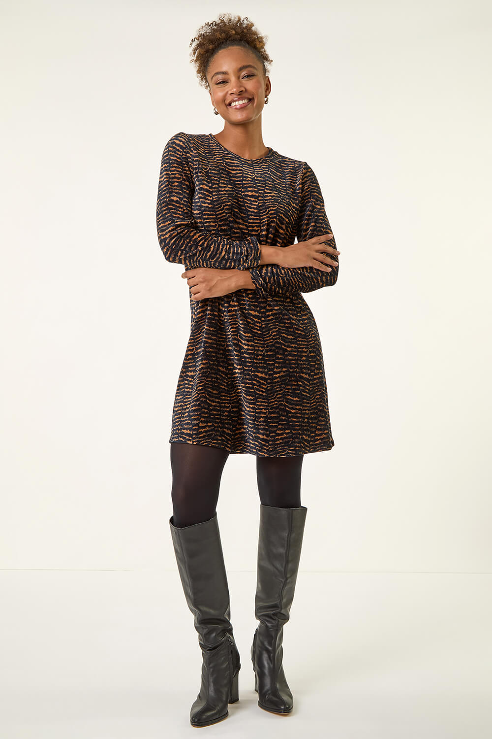 Tan Abstract Print Swing Stretch Dress | Roman UK