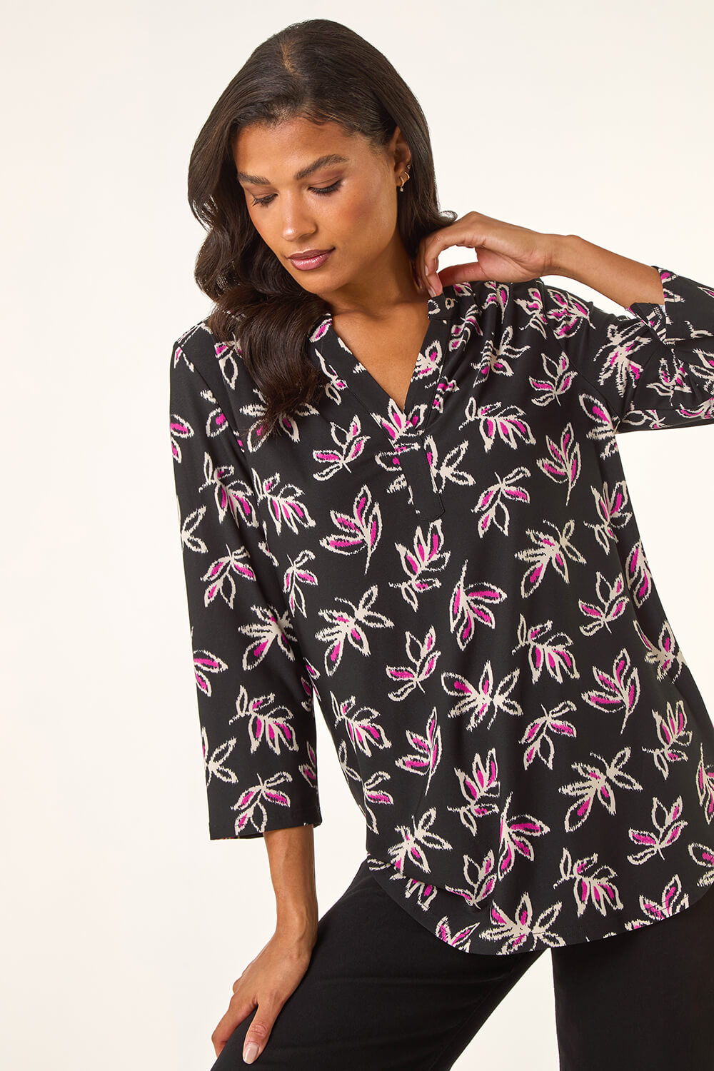 Black Abstract Print V-Neck Stretch Top | Roman UK