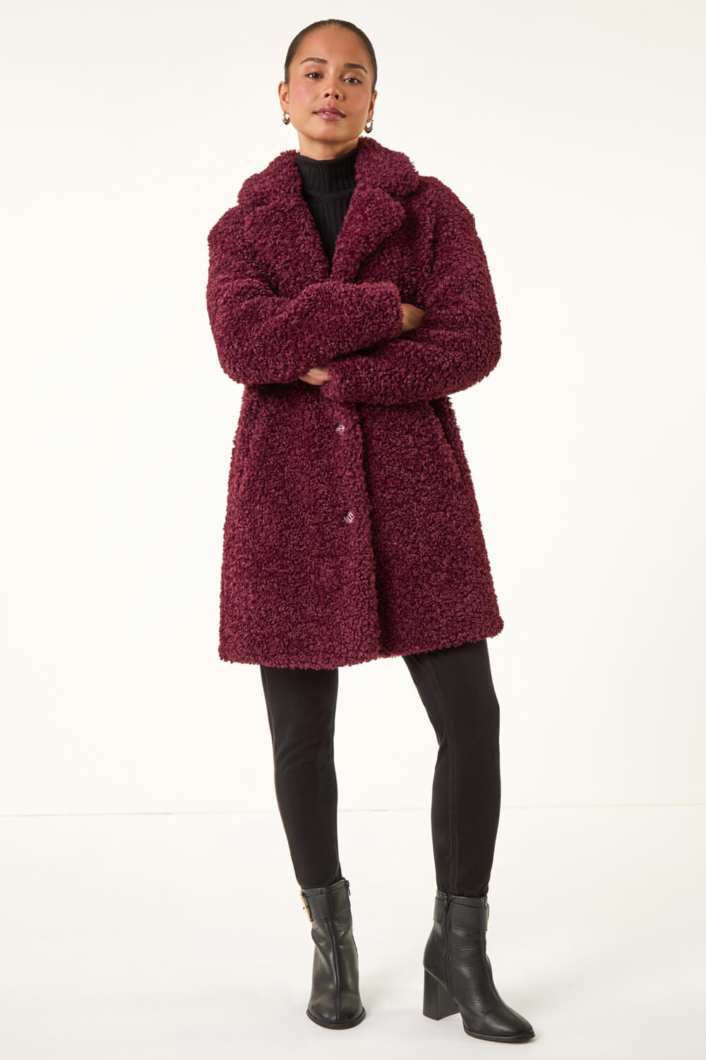 Wine Petite Teddy Longline Coat | Roman UK