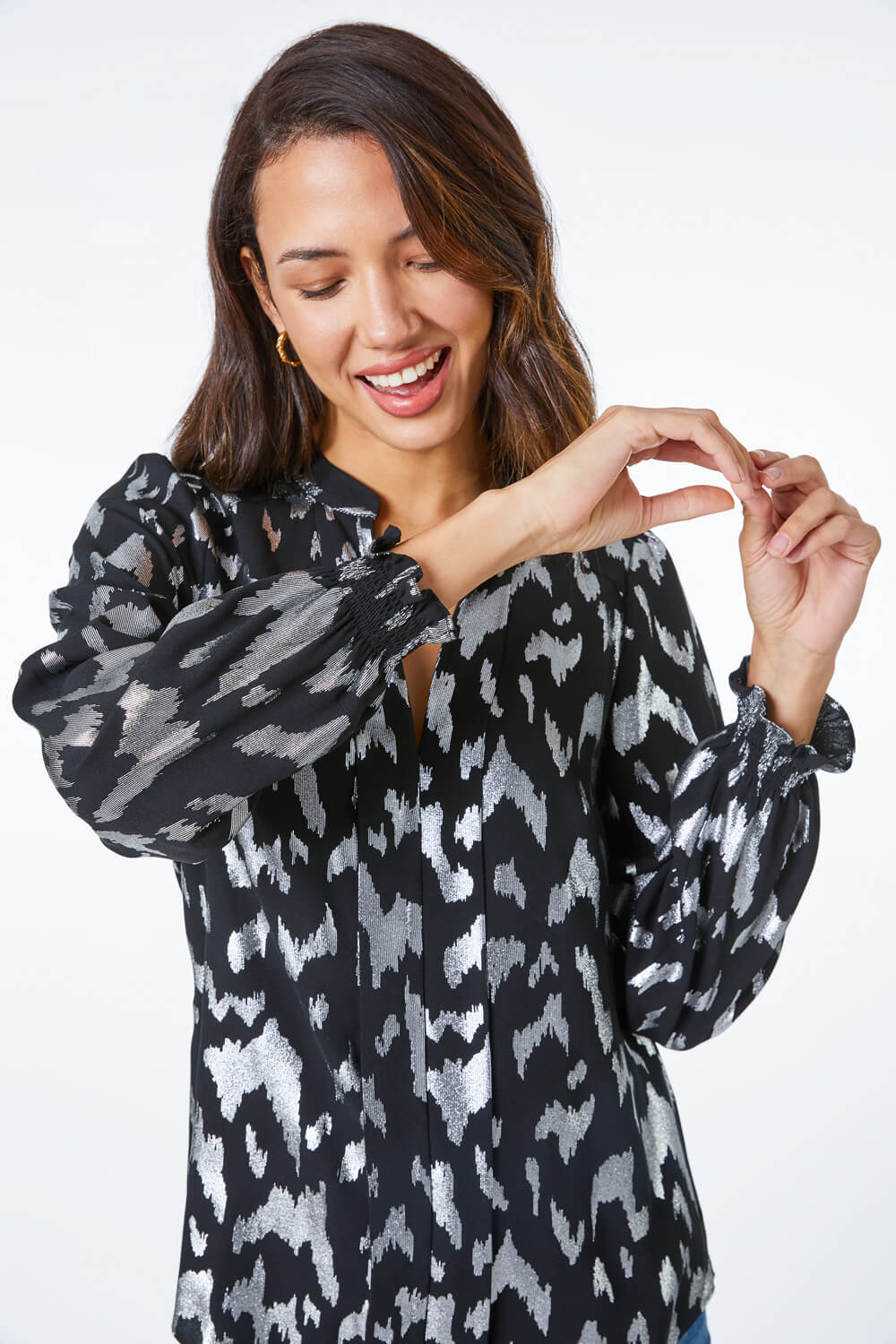 Metallic Shimmer Foil Print Shirt in Black - Roman Originals UK