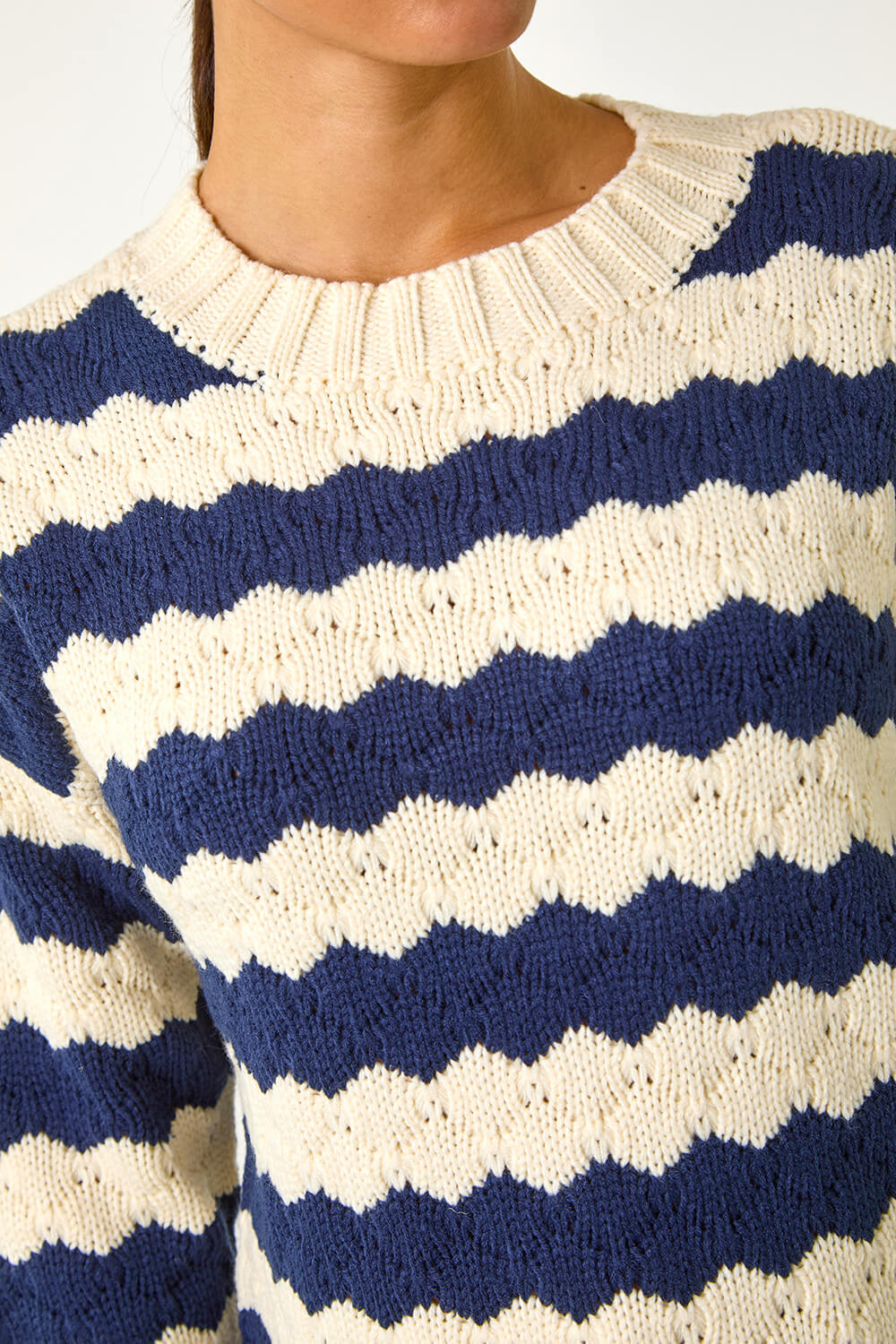 Midnight Blue Wave Colour Block Knit Jumper | Roman UK
