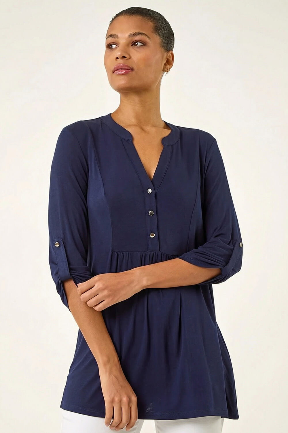 Navy Button Detail Tunic Top | Roman UK