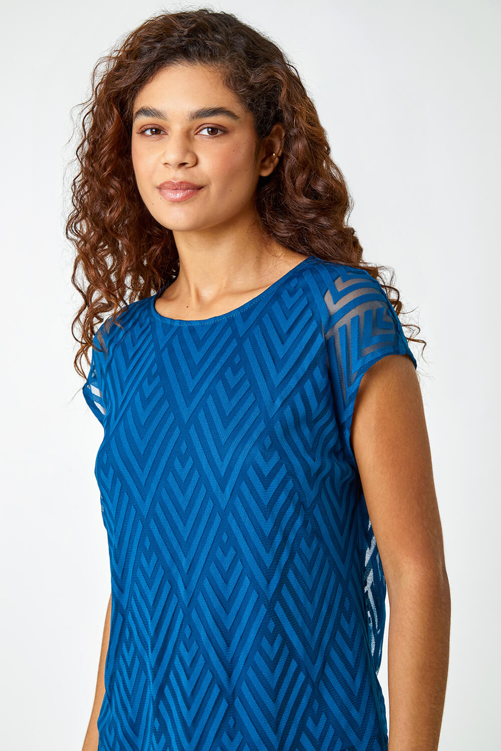 Teal Textured Chevron Print Top | Roman UK