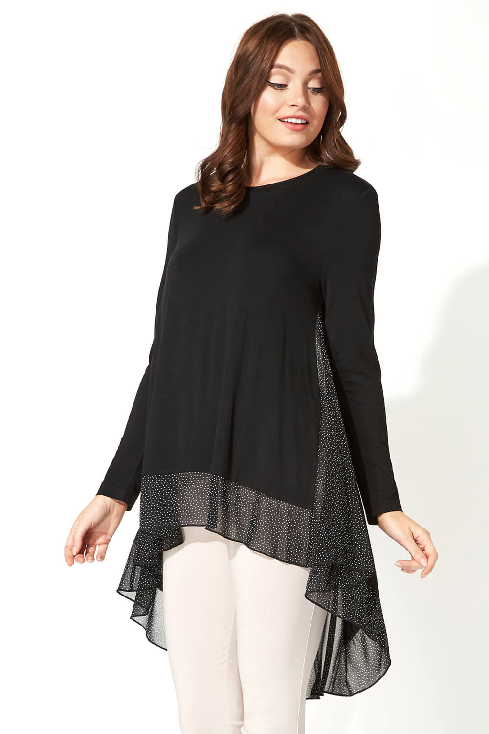 Chiffon Detail Dipped Hem Top in Black - Roman Originals UK