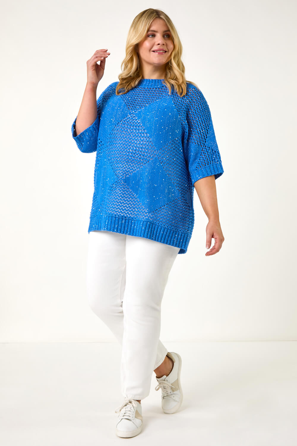 Royal Blue Curve Metallic Diamond Knit Top | Roman UK