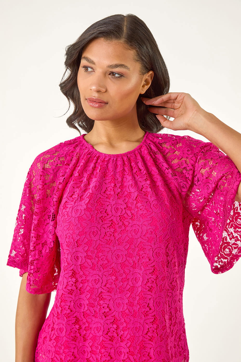 Magenta Lace Angel Sleeve Stretch Top | Roman UK