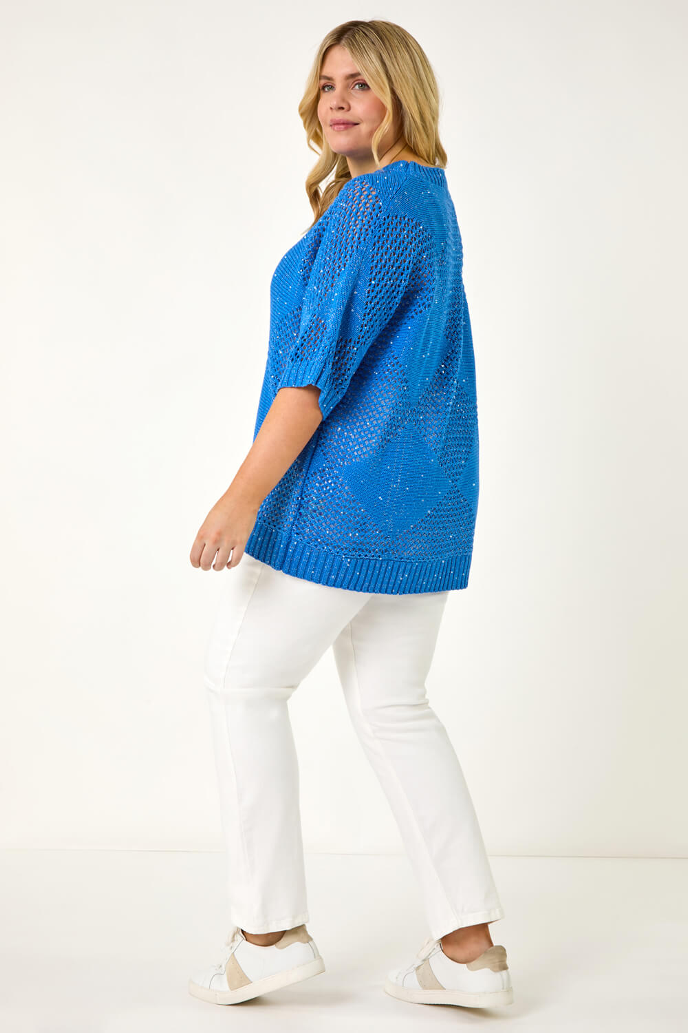 Royal Blue Curve Metallic Diamond Knit Top | Roman UK