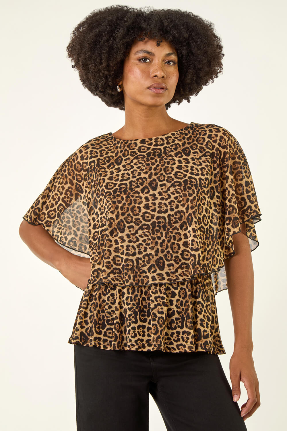Tan Animal Print Mesh Overlay Top | Roman UK