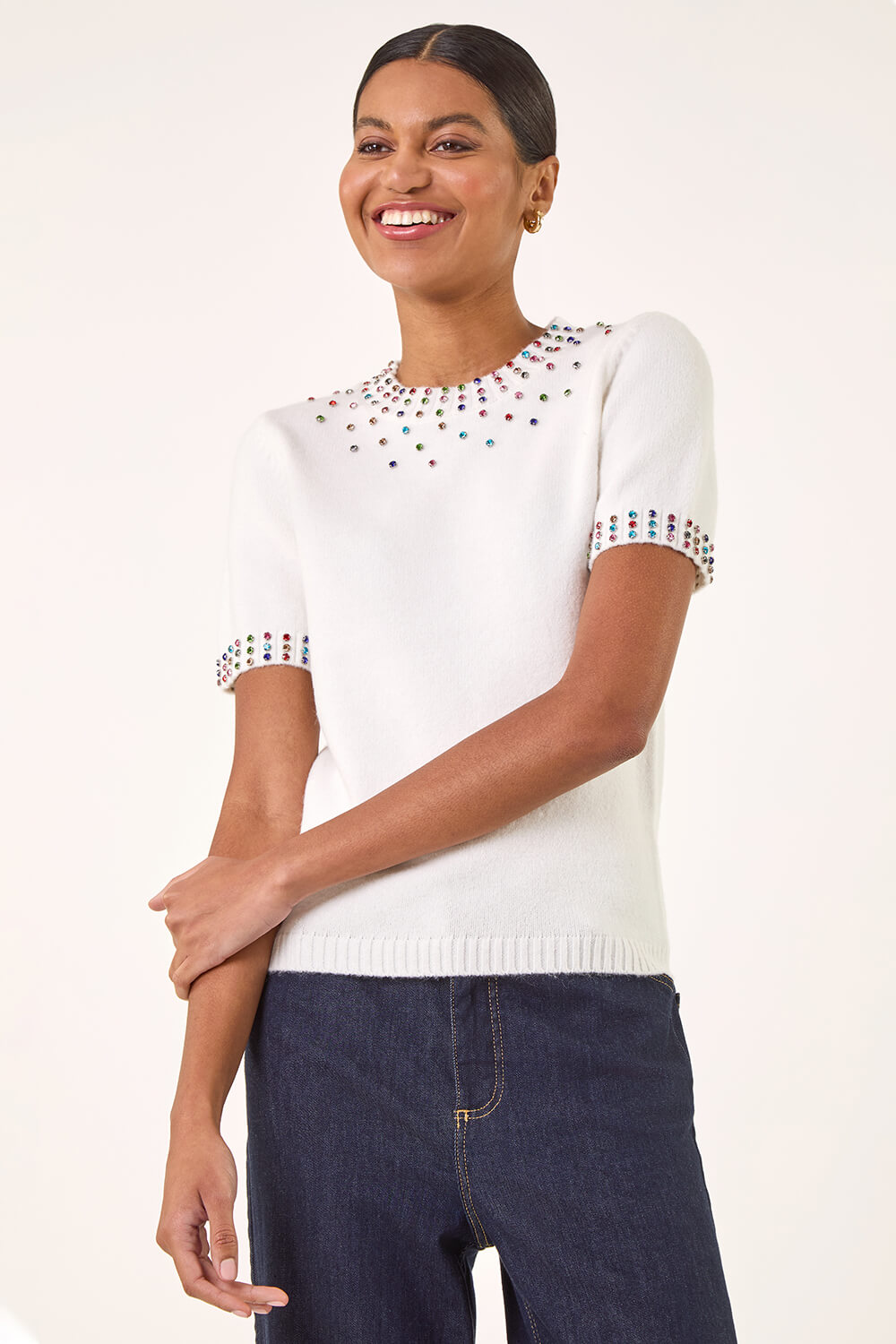 Ivory Embellished Neck Knitted Top | Roman UK
