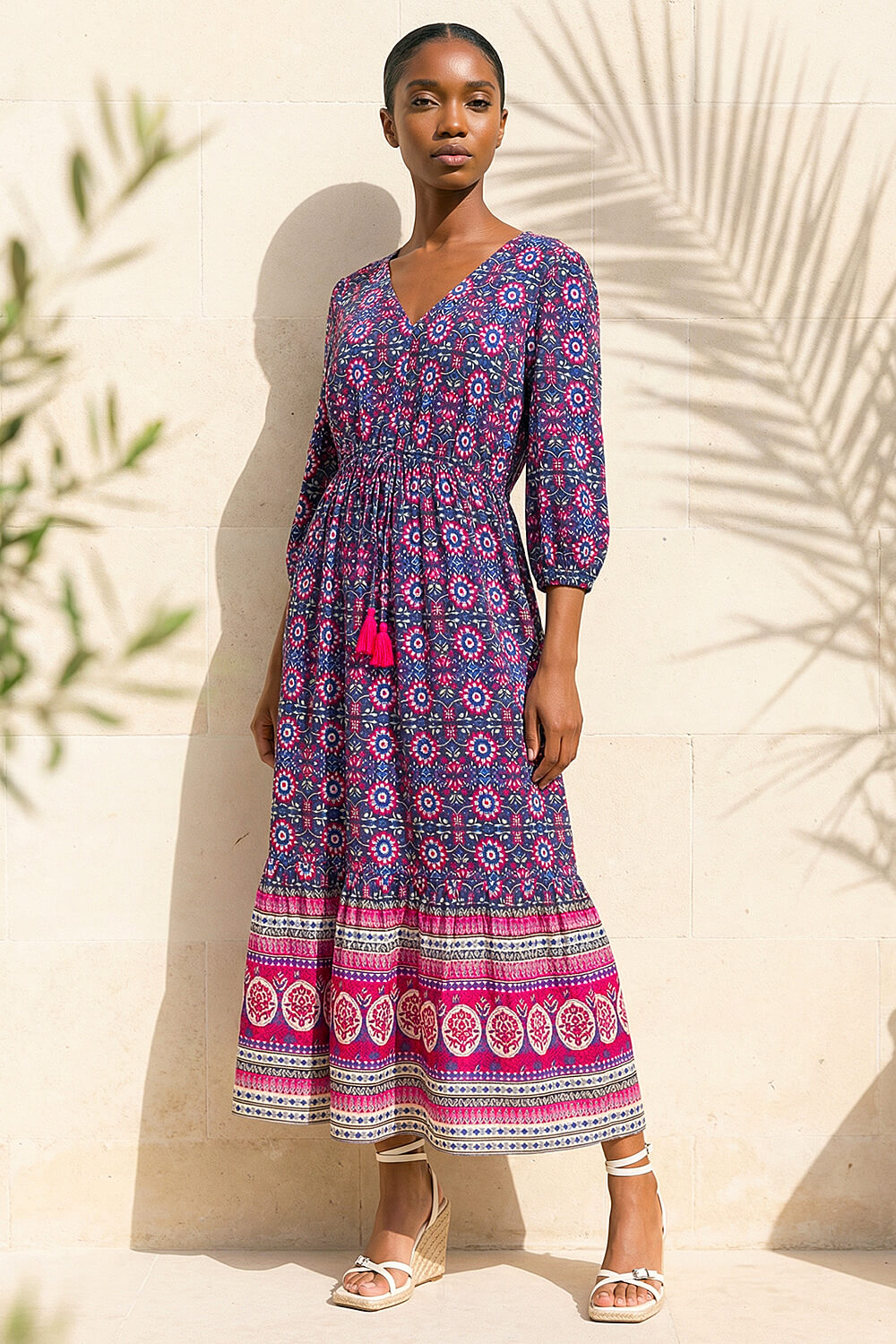 Navy Petite Aztec Border Print Midi Dress | Roman UK