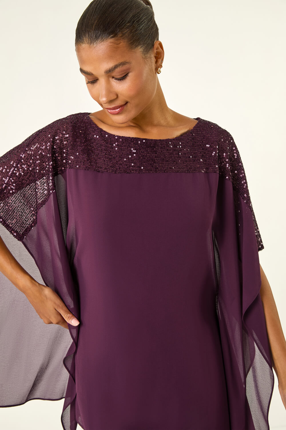 Plum Sequin Yoke Contrast Chiffon Top | Roman UK