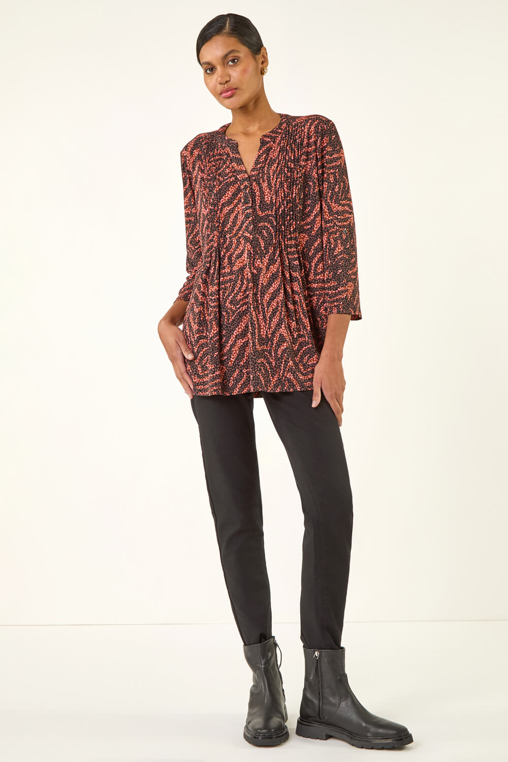 Rust Animal Print Pintuck Stretch Shirt | Roman UK