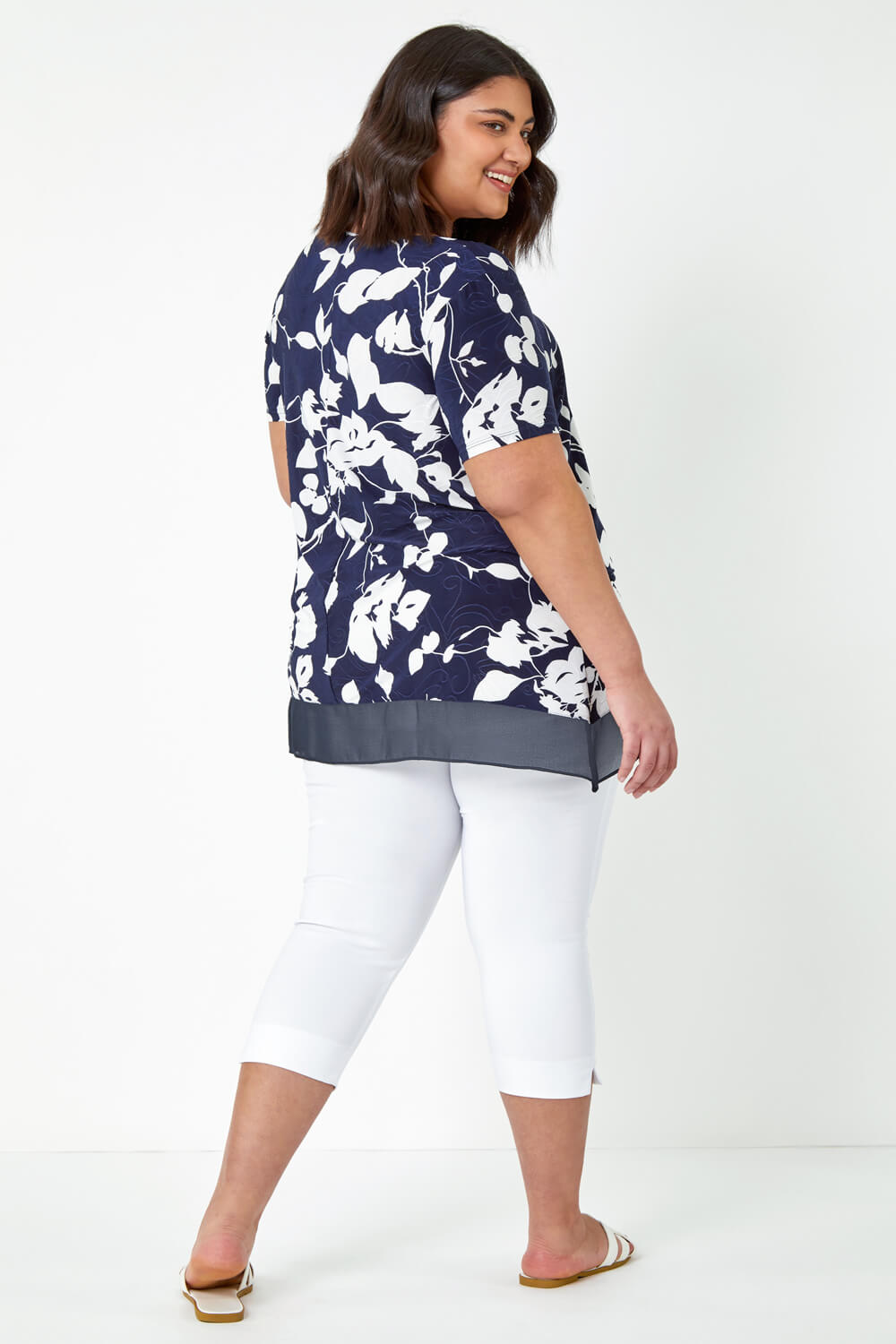 Navy Curve Floral Print Chiffon Hem Top | Roman UK