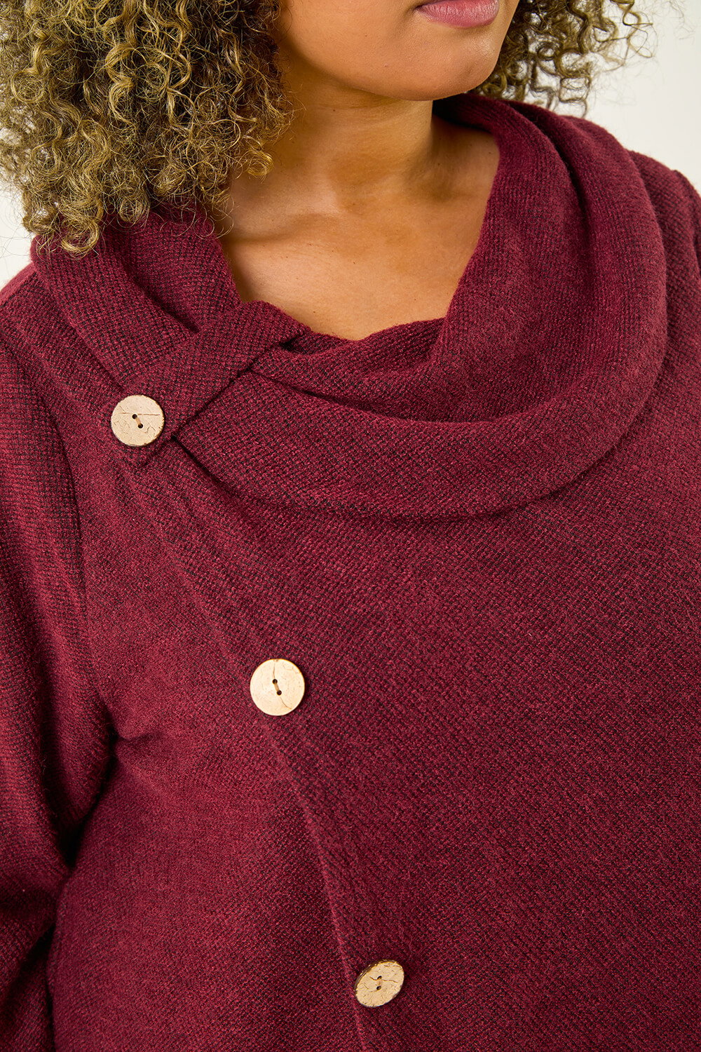 Wine Curve Cowl Neck Button Wrap Top | Roman UK