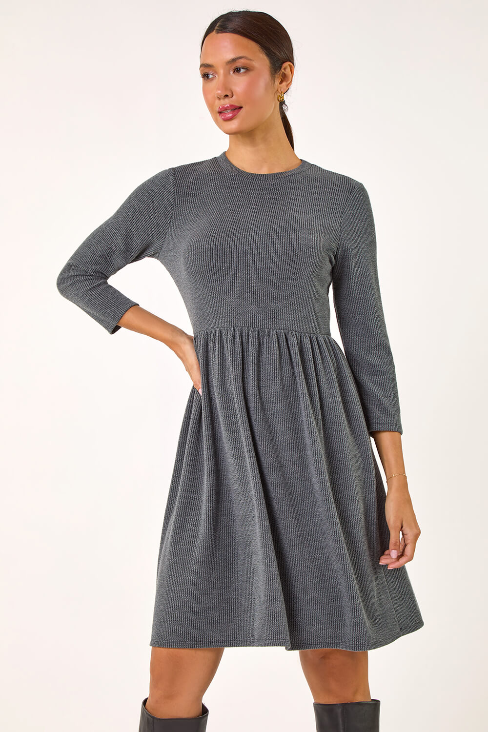 Grey Ribbed Gathered Waist Stretch Dress | Roman UK