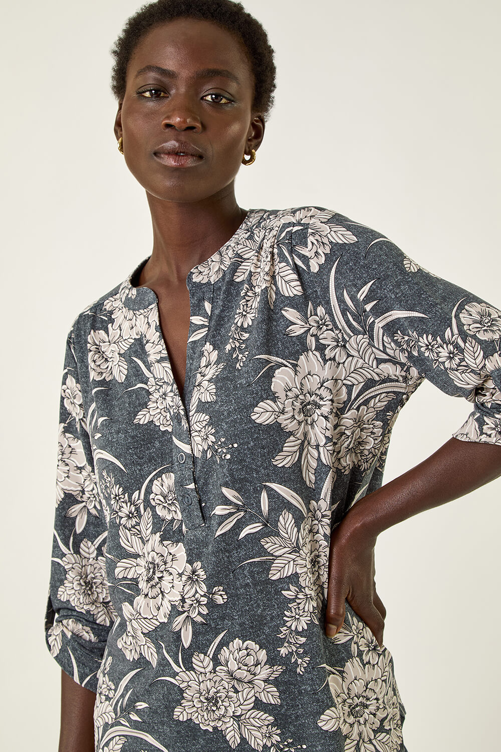 Grey Floral Puff Print Stretch Shirt | Roman UK