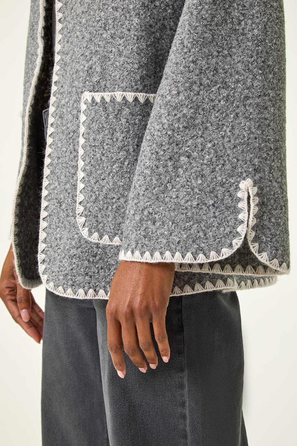 Grey Contrast Blanket Stitch Jacket | Roman UK