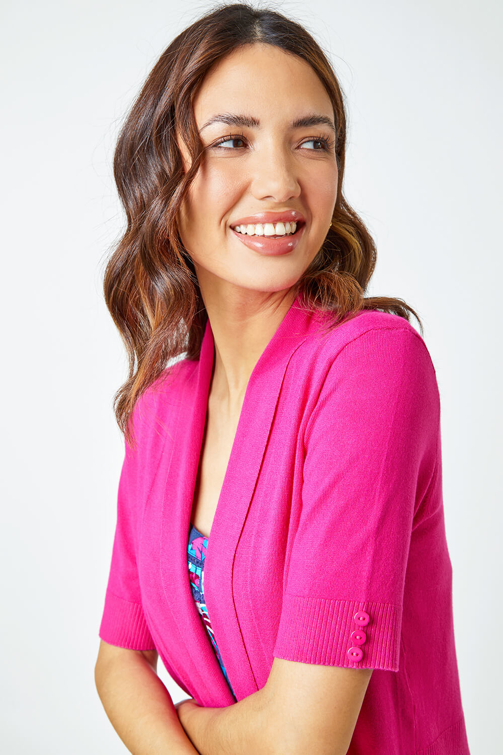 Fuchsia Button Cuff Knitted Shrug | Roman UK