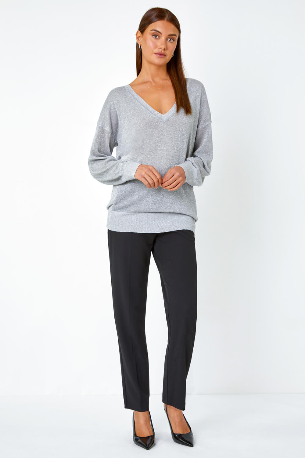 Silver Relaxed Stretch Sparkly V-Neck Jumper | Roman UK