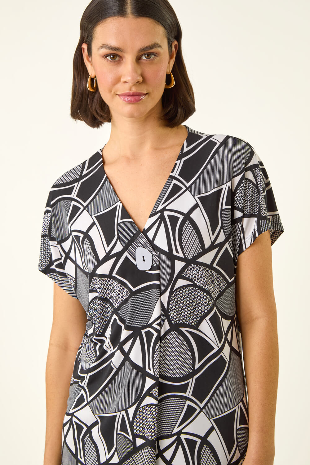 Black Abstract Print V-Neck Stretch Top | Roman UK