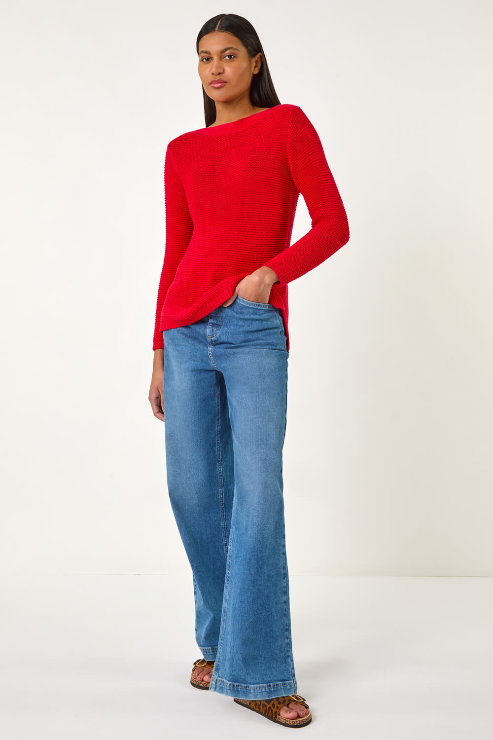 Red Textured Tape Yarn Knit Jumper | Roman UK