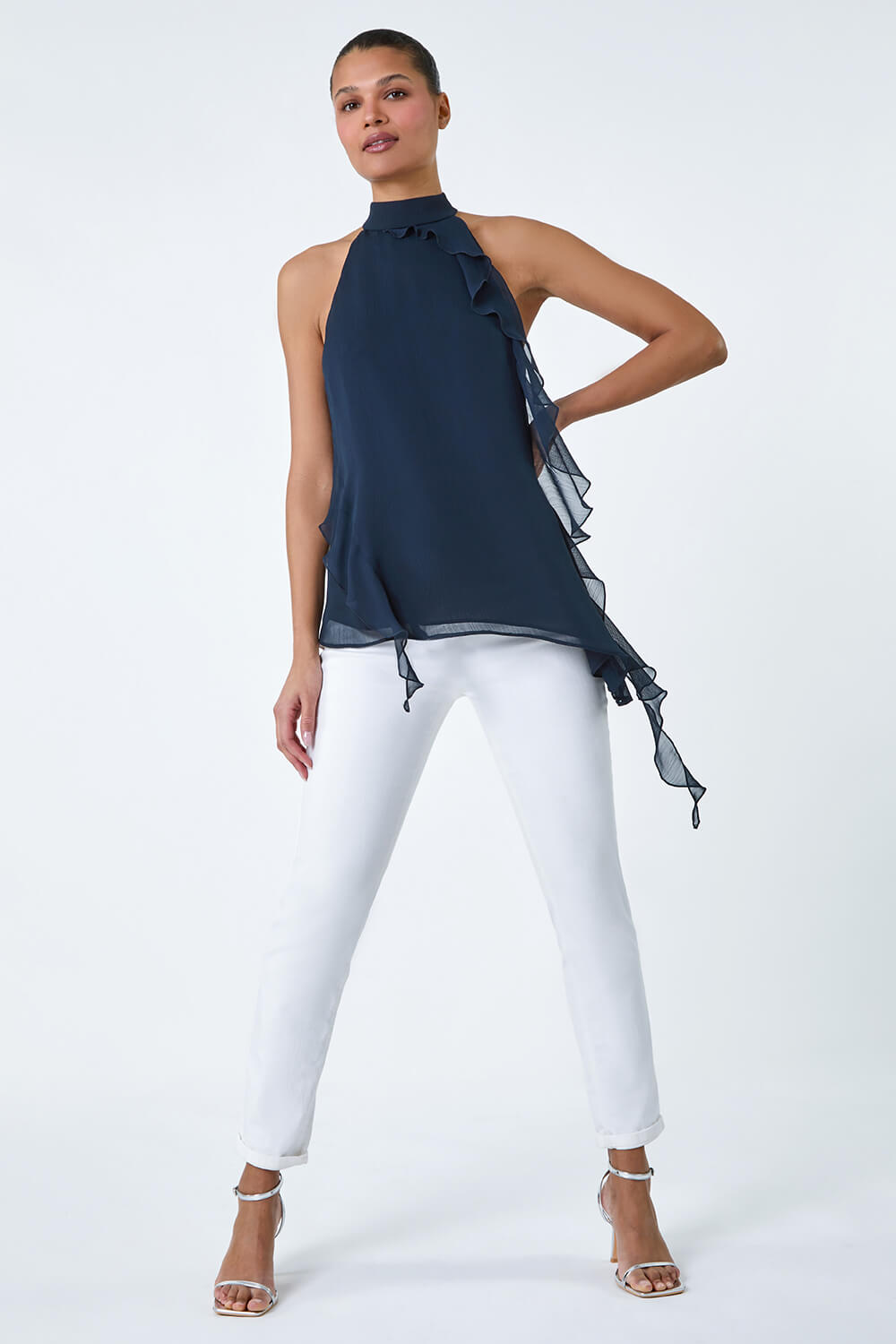 Navy Halter Neck Asymmetric Frill Detail Top | Roman UK
