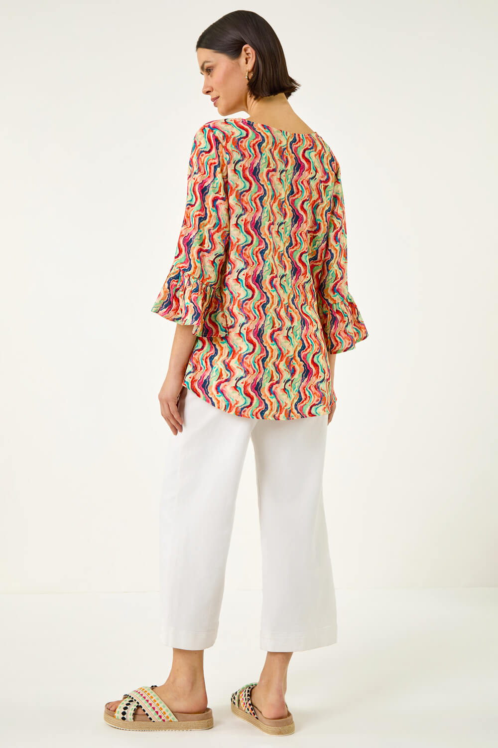 Orange Abstract Wave Print Flared Sleeve Top | Roman UK