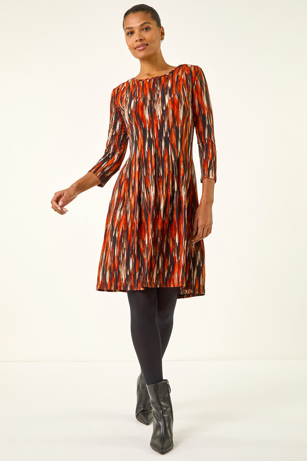 Orange Abstract Print Panel Stretch Dress | Roman UK