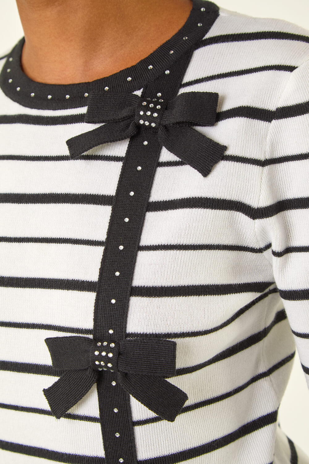 Ivory Stripe Bow Detail Knit Jumper | Roman UK