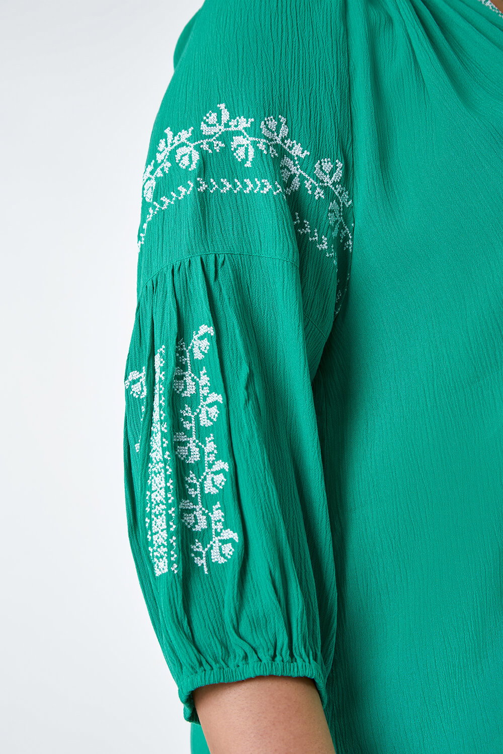 Turquoise Curve Tie Neck Embroidered Smock Top | Roman UK