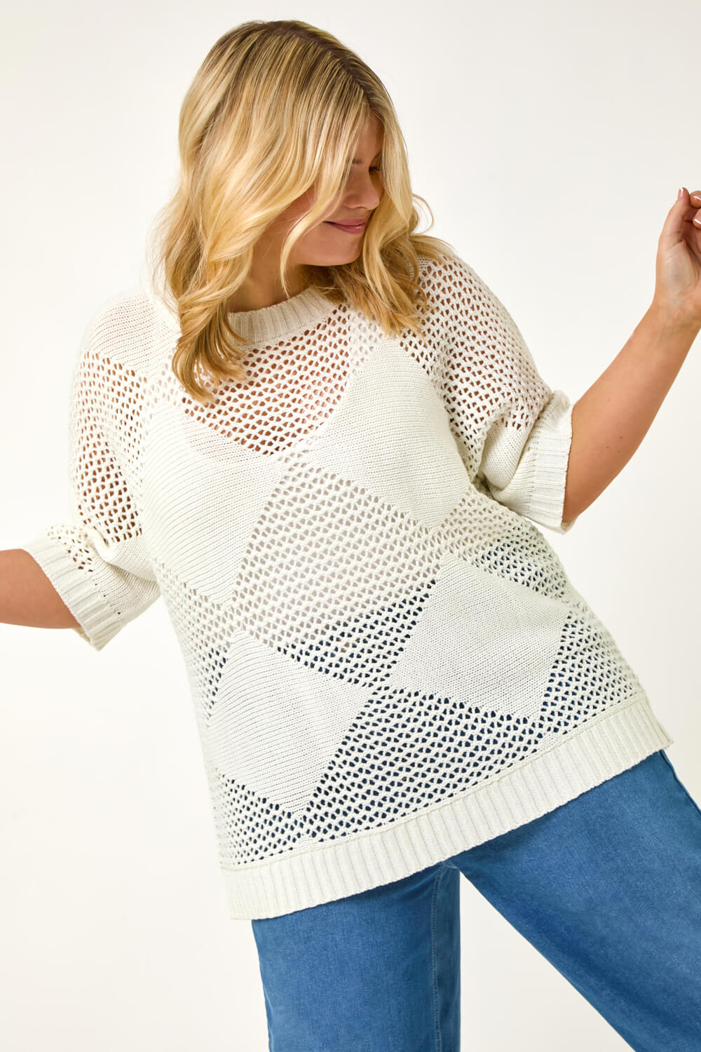 Ivory Curve Metallic Diamond Knit Top | Roman UK