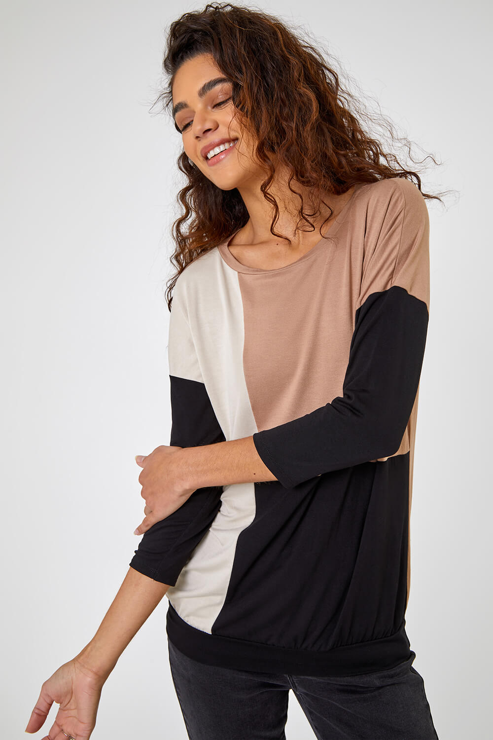 Colour Block Jersey Stretch Top in Camel - Roman Originals UK