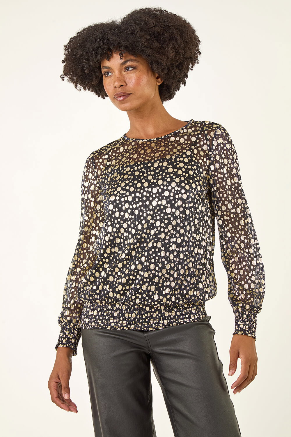 Gold Spot Print Plisse Shirred Top | Roman UK