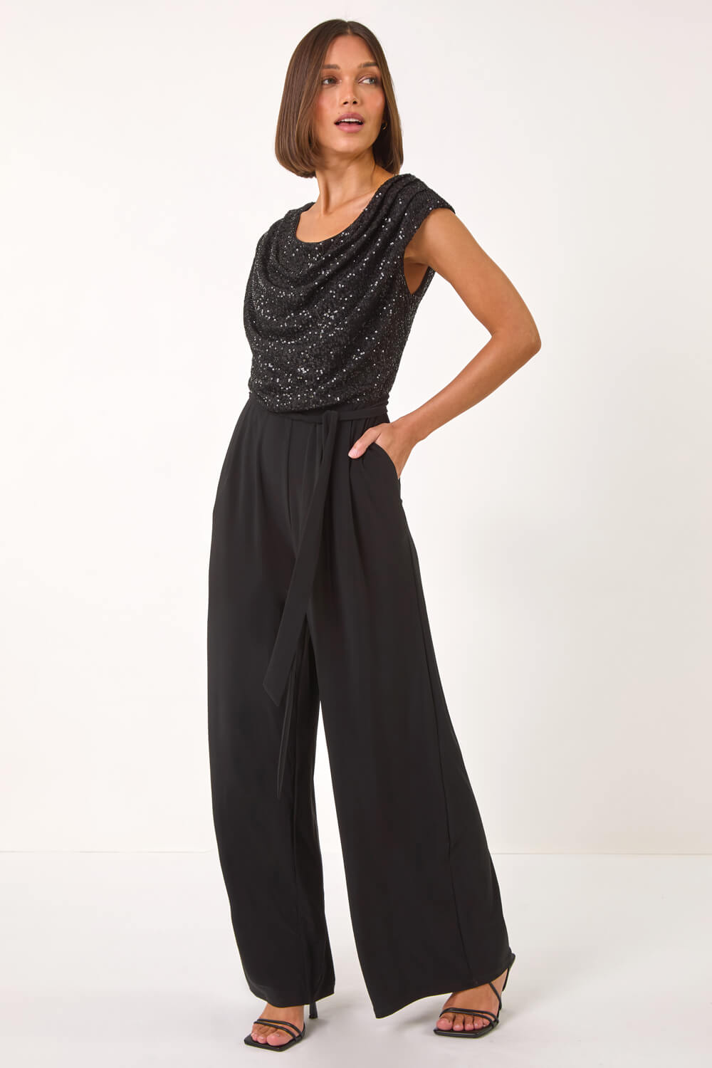 Black Sequin Bodice Cowl Neck Jumpsuit | Roman UK