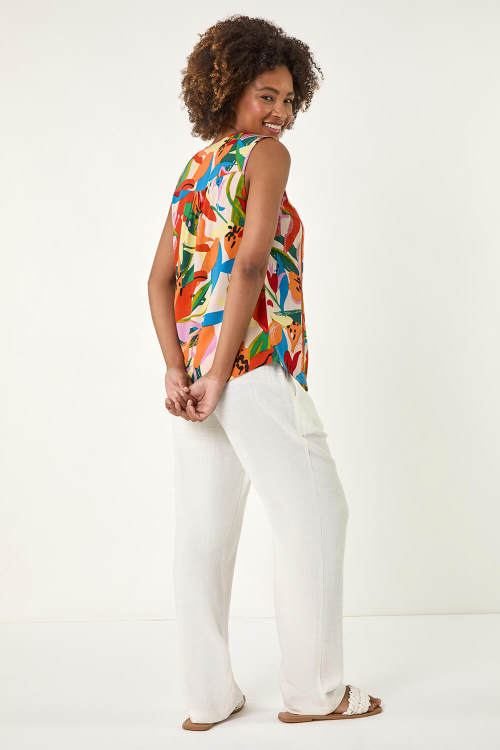 Multi Abstract Print V-Neck Button Top | Roman UK