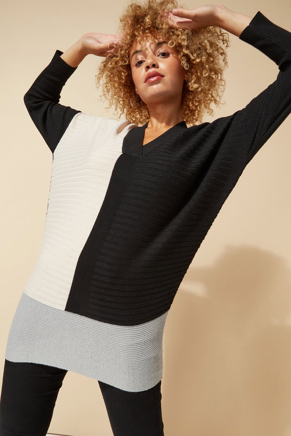 V-Neck Colour Block Jumper in Multicoloured - Roman Originals UK
