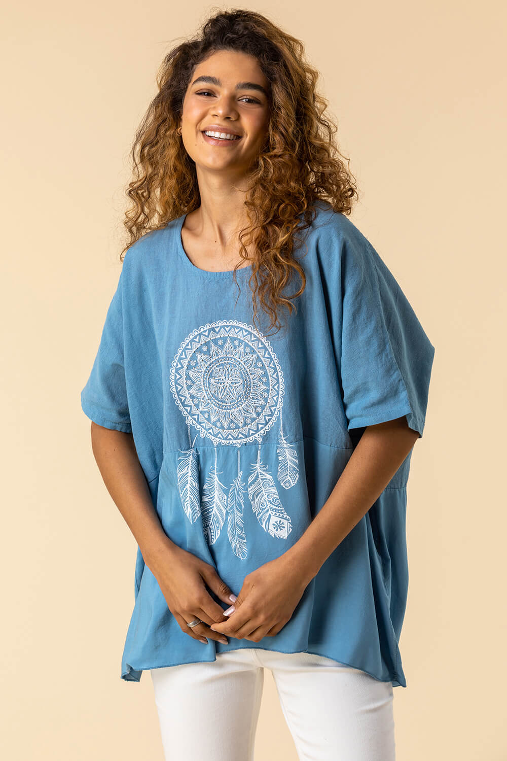 Slouchy Feather Print Top in Blue - Roman Originals UK