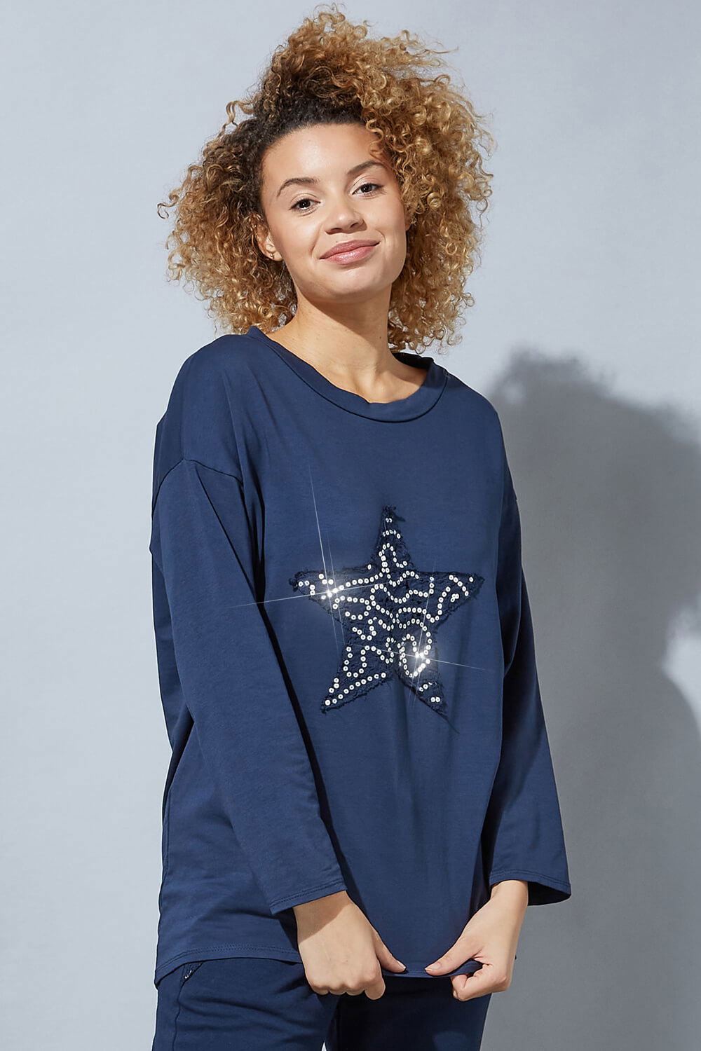 Lounge Sequin Star Tunic Top in Midnight Blue - Roman Originals UK