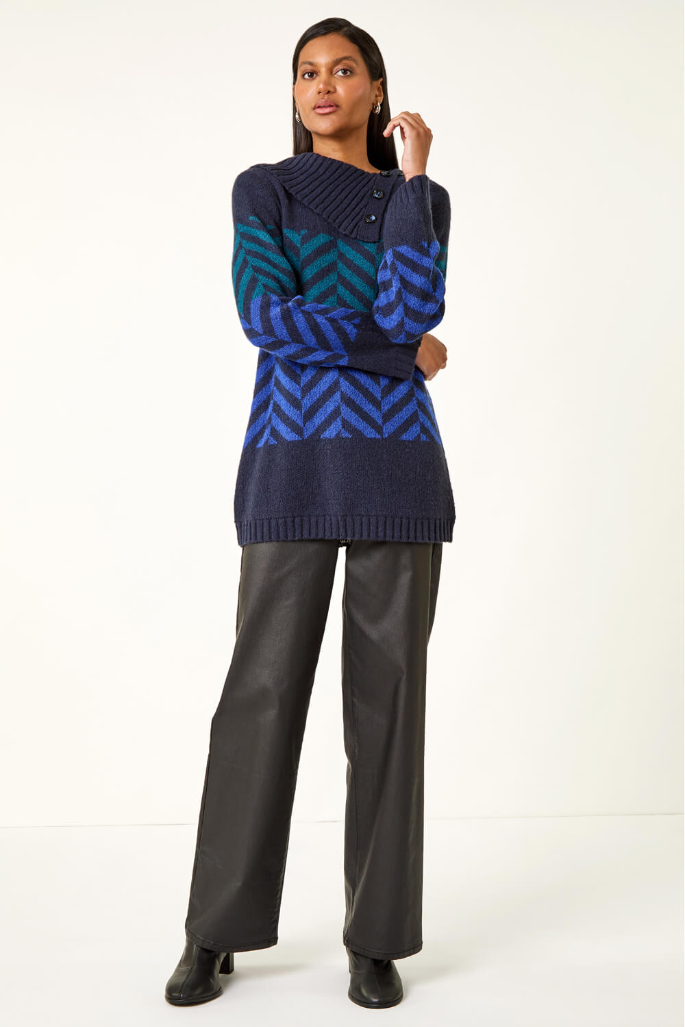 Navy Stripe Roll Neck Knit Jumper | Roman UK