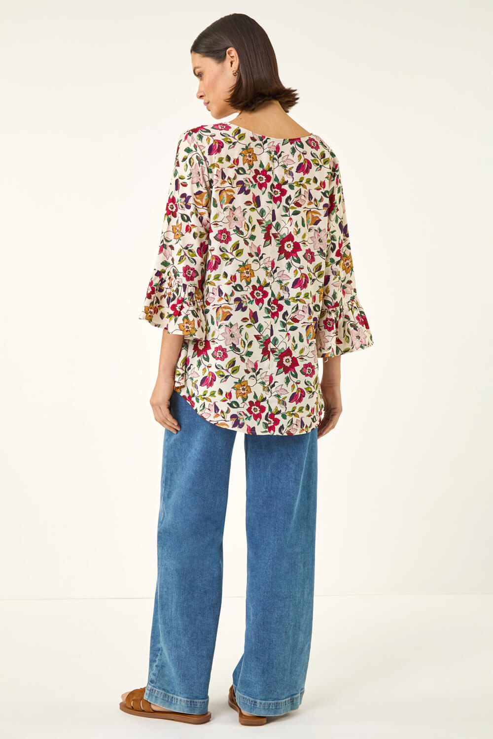 Red Floral Print Flare Sleeve Top | Roman UK