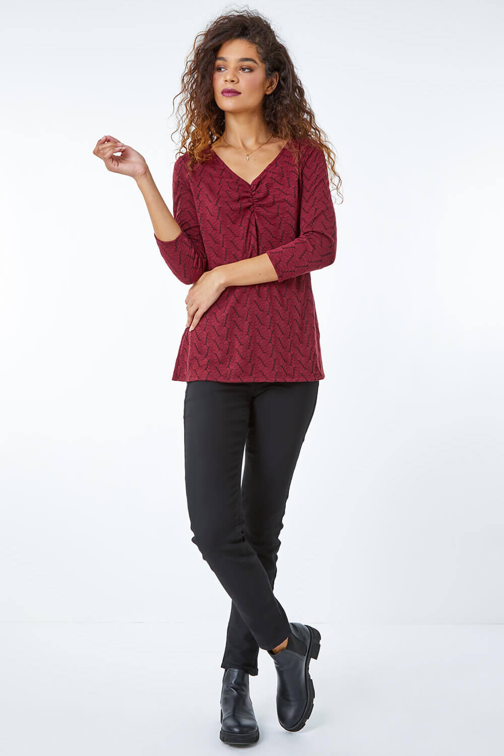 Textured Ruched Detail Jersey Top in Port - Roman Originals UK