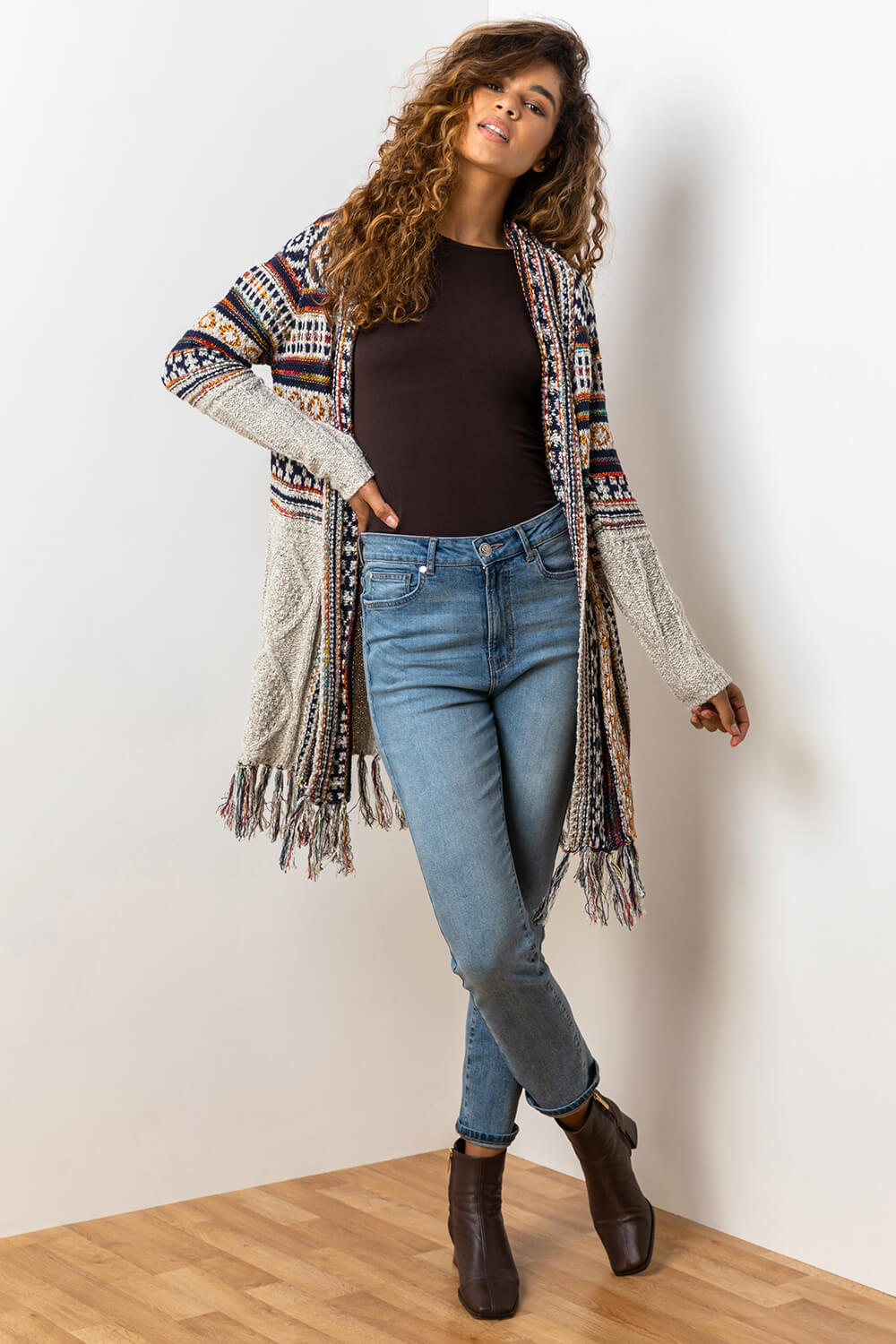 Natural Aztec Print Tassel Hem Longline Cardigan | Roman UK